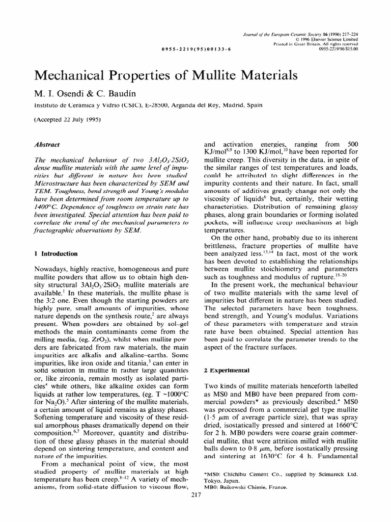 Osendi e Baudín - 1996 - Mechanical Properties of Mullite Materials ...