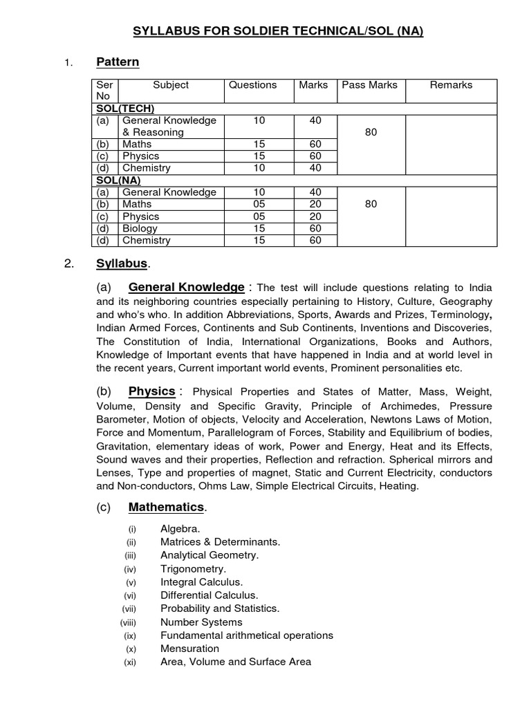 Syllabus For Soldier Technical Sol Na | PDF | Force | Chemistry
