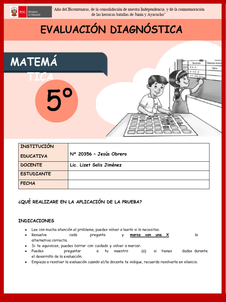 Evaluación Diagnostica de Matemática 5to A 2024 | PDF