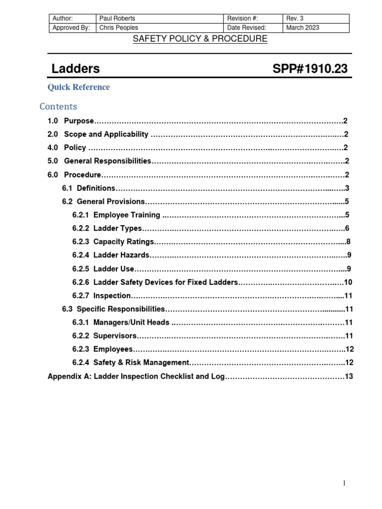 Ladder Safety Policy and Checklist | PDF | Ladder | Safety