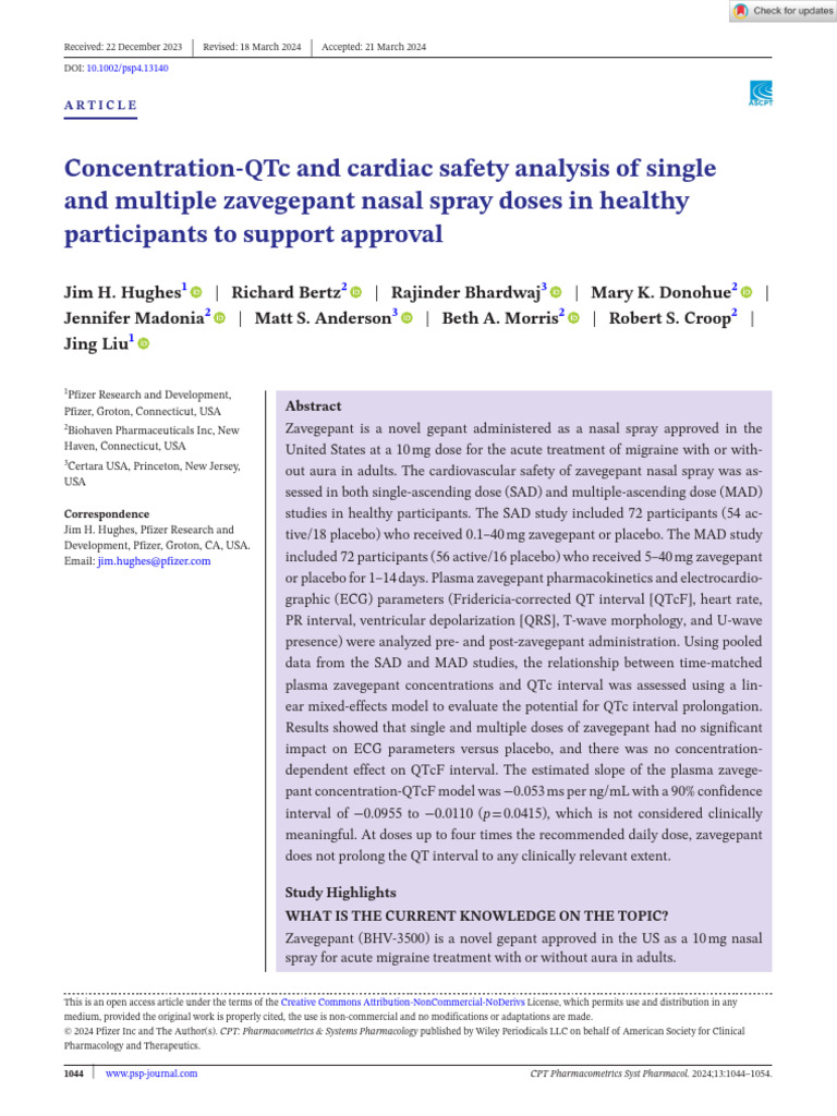 CPT Pharmacom Syst Pharma - 2024 - Hughes - Concentration‐QTc and cardiac safety analysis of ...