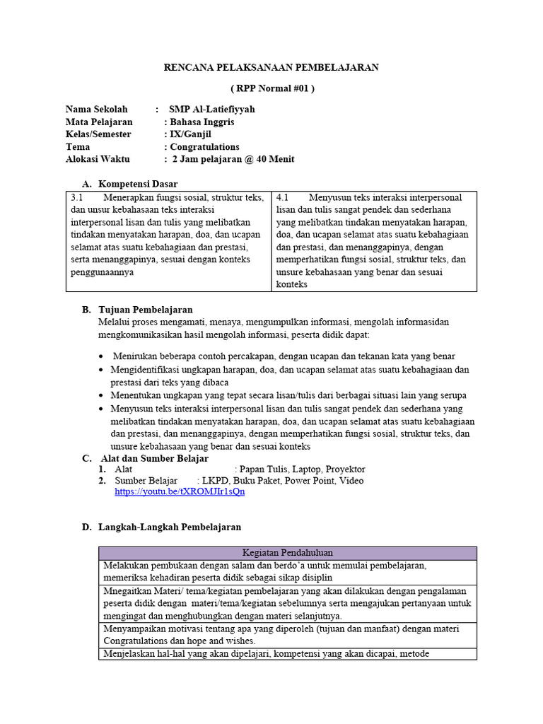 2022 RPP Normal English 9 - Unit 1 Congratulations | PDF