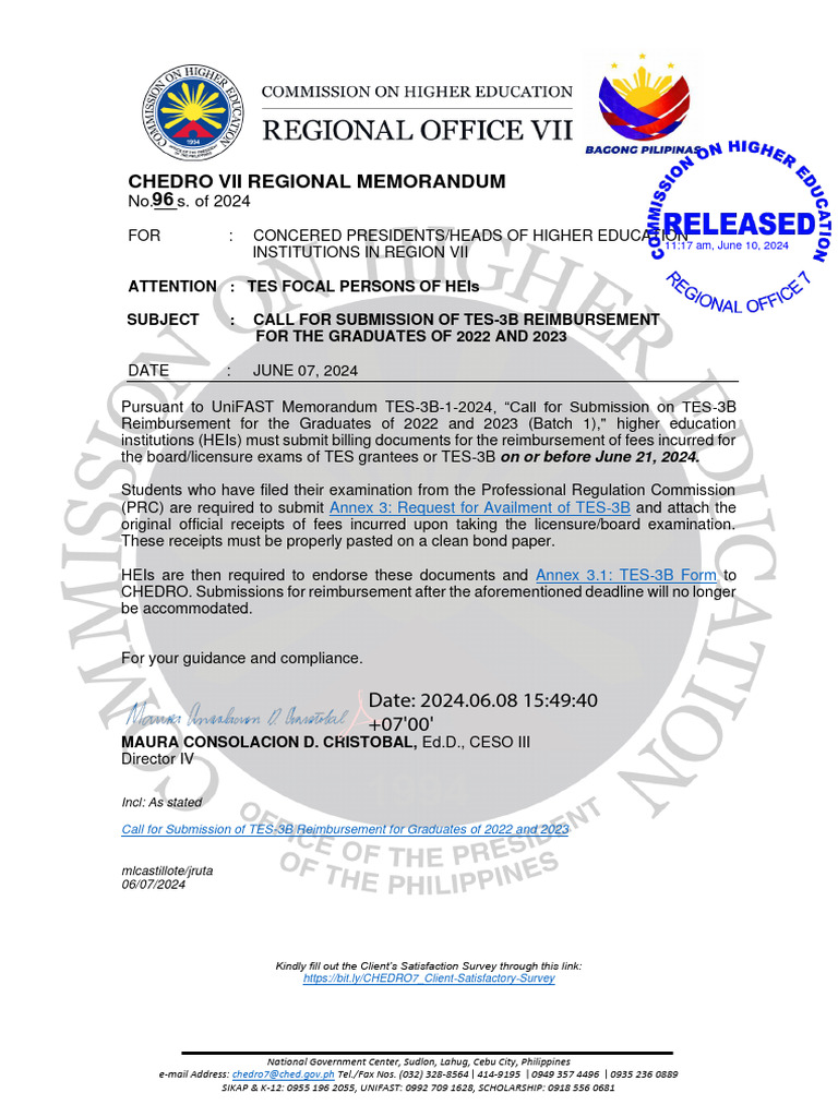 Regional Memo 96 S2024 Call For Submission of Tes 3B Reimbursement ...
