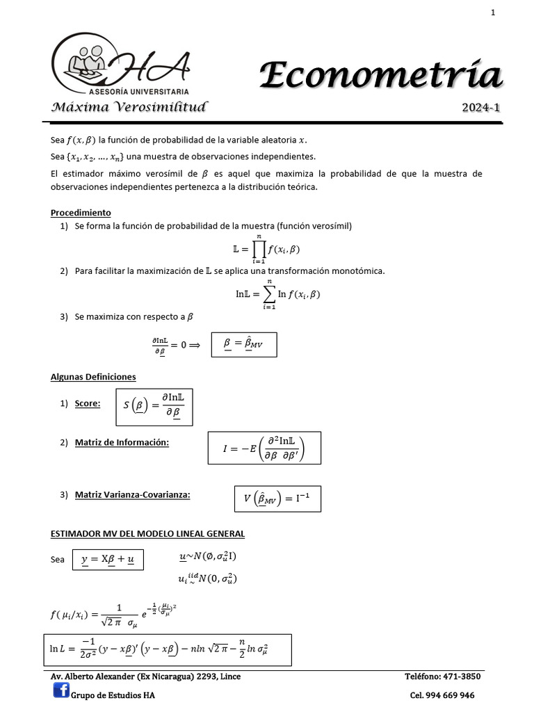 Máxima Verosimilitud en Econometría | PDF | Estimador | Distribución normal