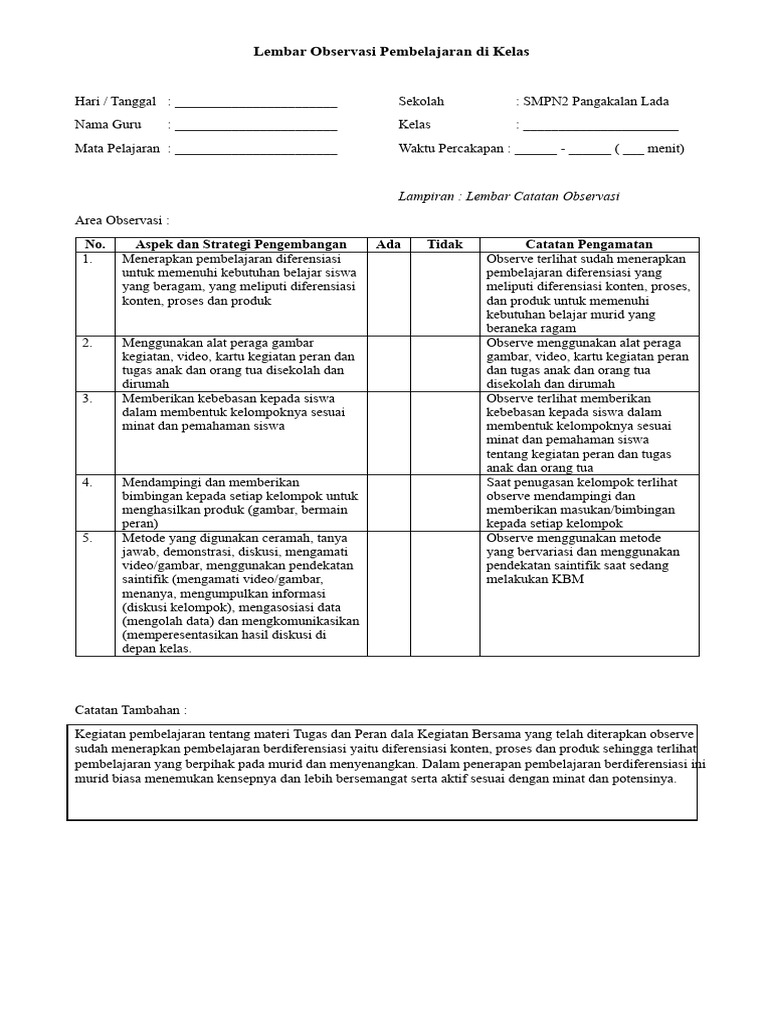 Lembar Observasi Pembelajaran Di Kelas | PDF