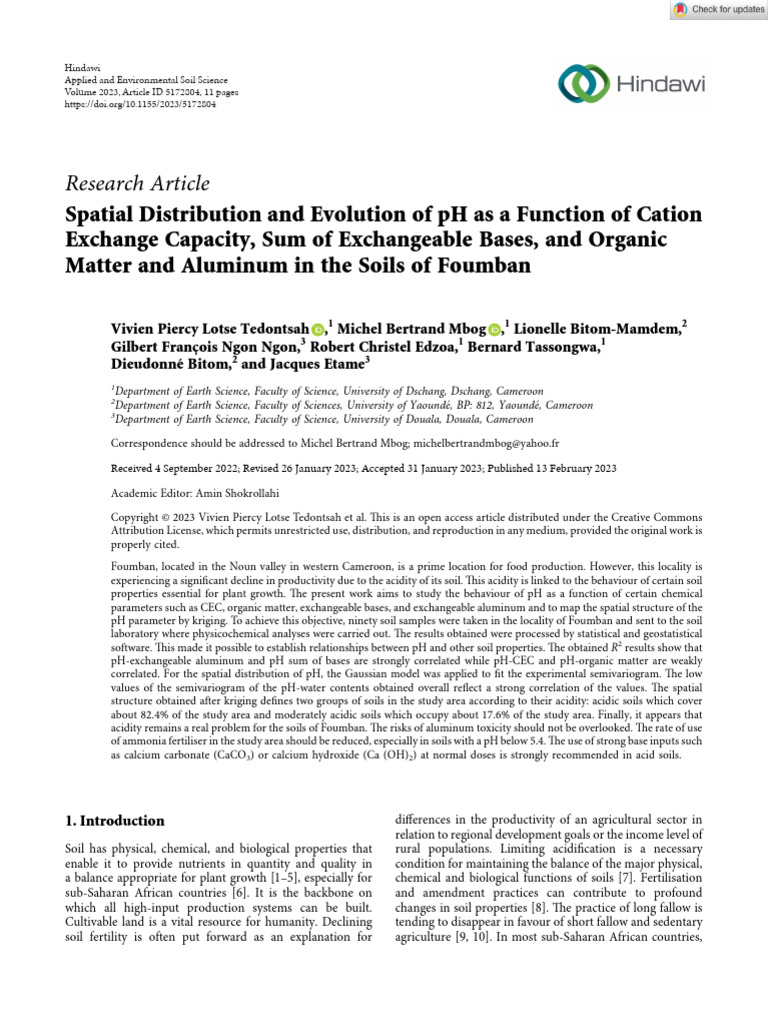 Applied and Environmental Soil Science - 2023 - Lotse Tedontsah - Spatial Distribution and ...