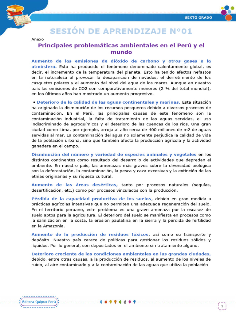Anexo de Sesiones de Aprendizaje - Semana 1 - UD IV - Editora Quipus Perú | PDF | Contaminación ...