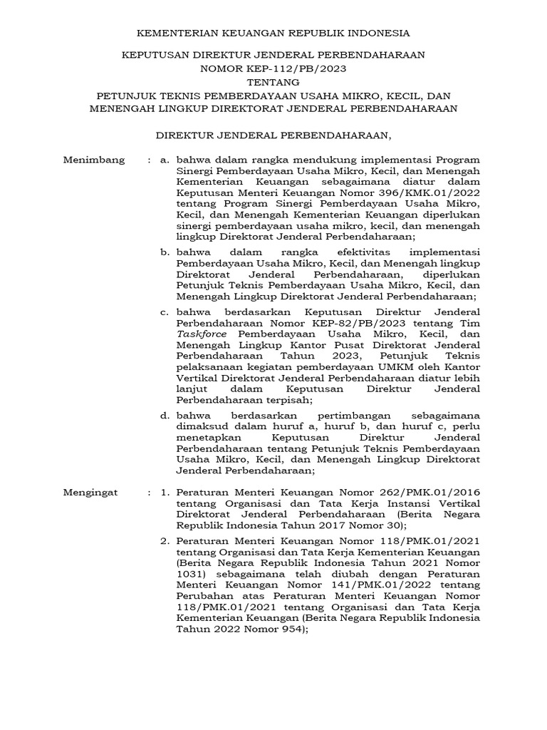 KEP 112 Juknis Pemberdayaan UMKM Lingkup DJPB Fin | PDF