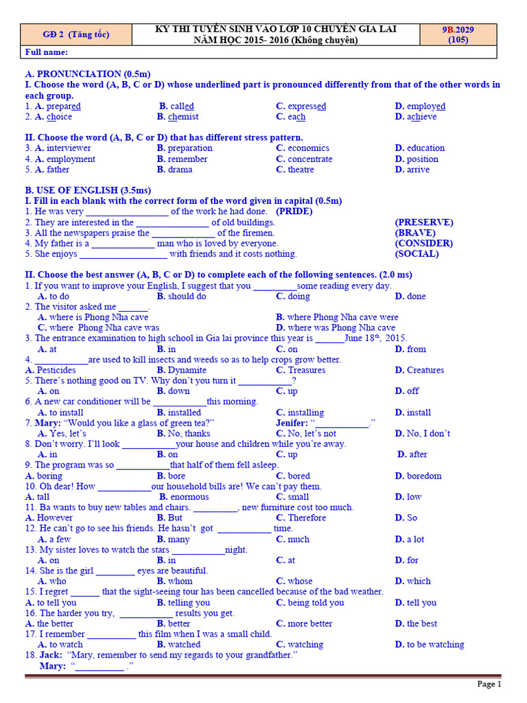 9B.2029 CHV 2015 - 2016 Khong Chuyen (With Key) | PDF
