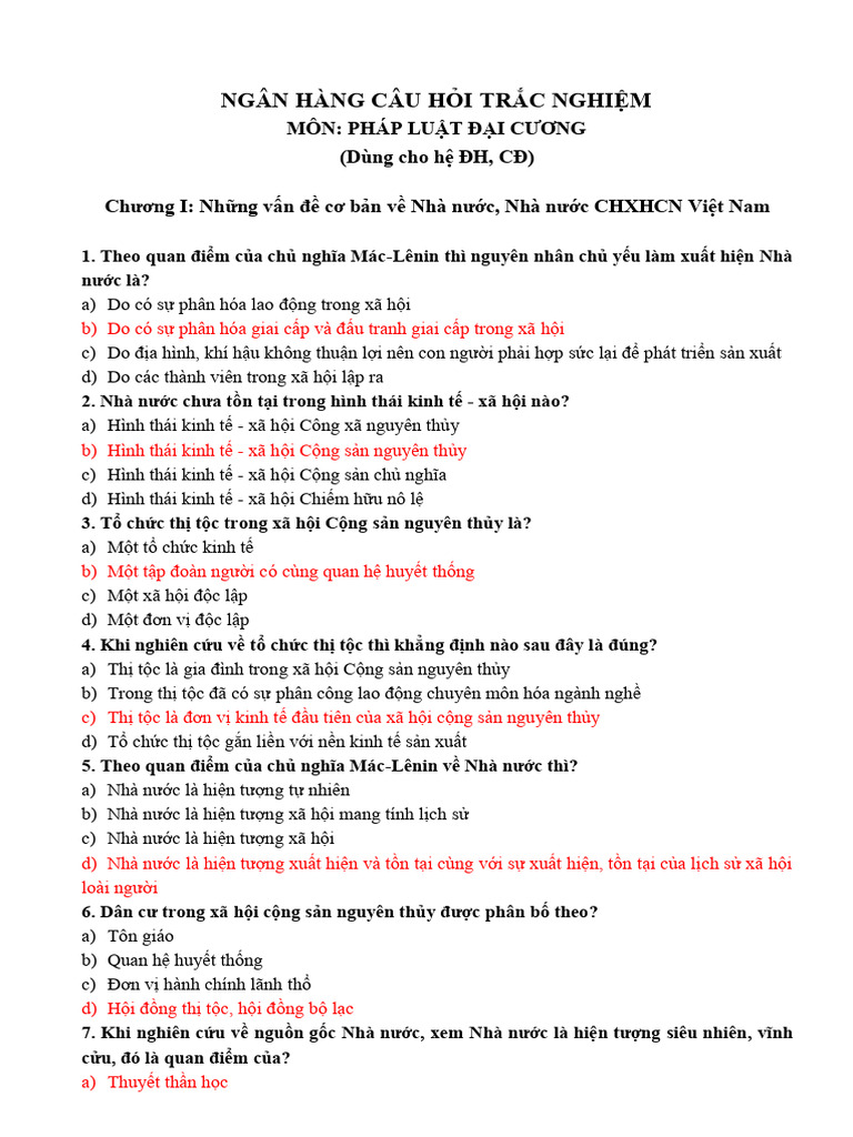 Ngan Hang Cau Hoi Trac Nghiem Phap Luat Dai Cuong | PDF