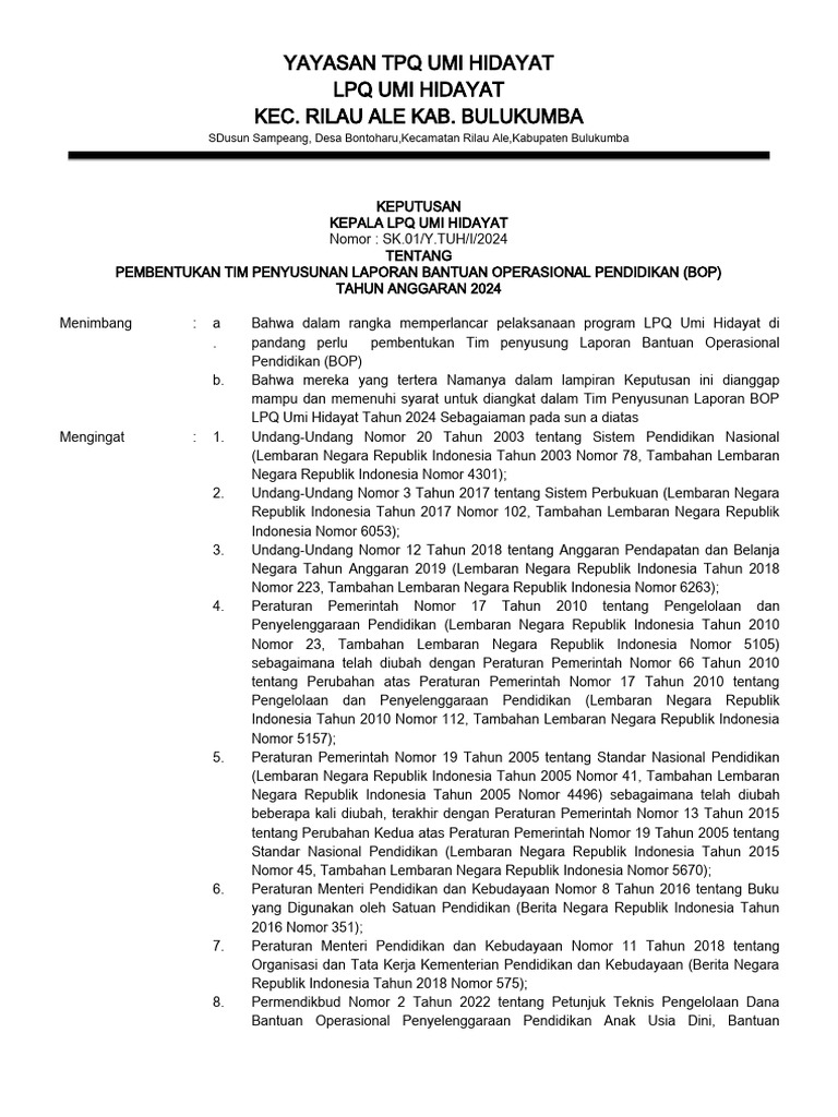 SK Tim Bop TPQ Umi Hidayat | PDF