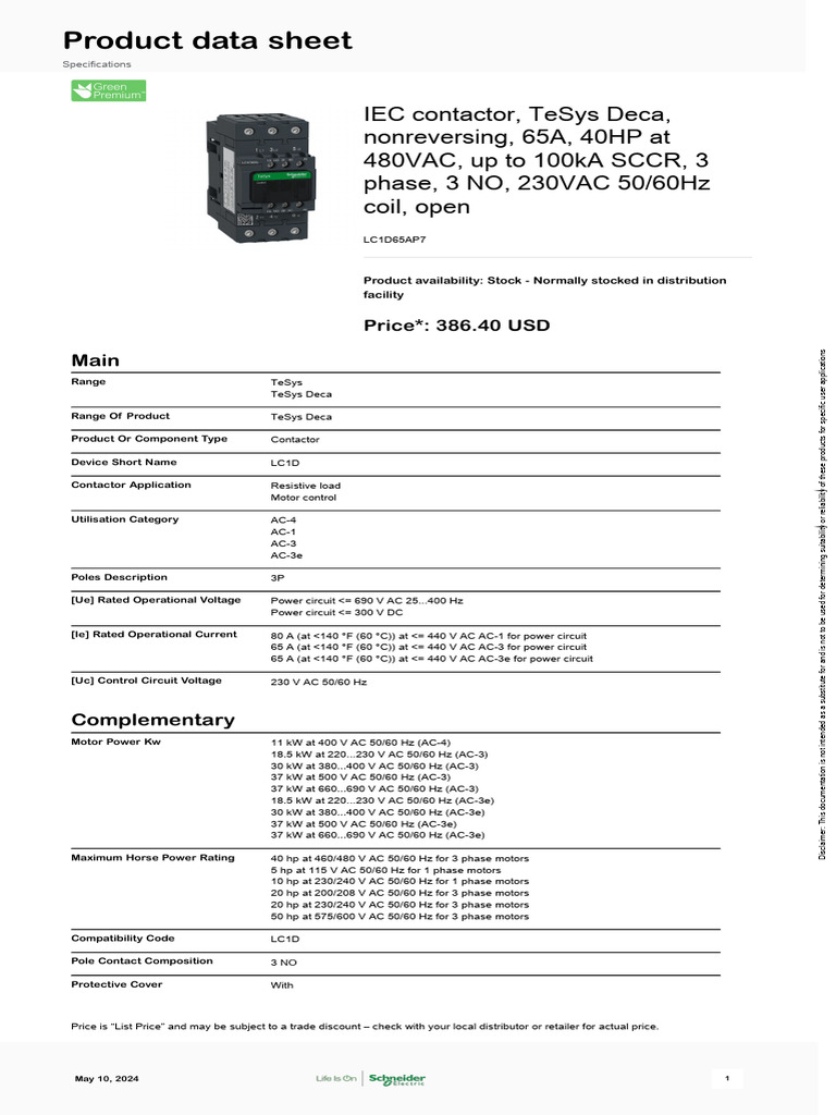 Schneider Electric - TeSys-Deca-Contactors - LC1D65AP7 | PDF ...