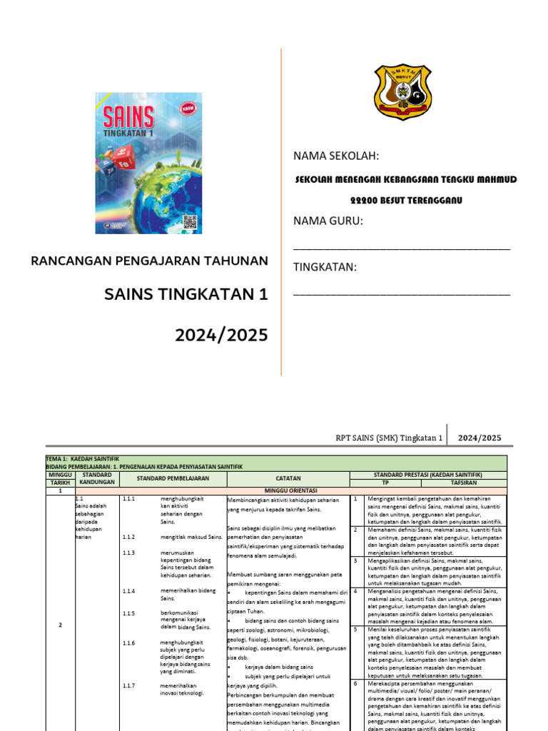 RPT Sains Tingkatan1 Tahun 2024-25 | PDF