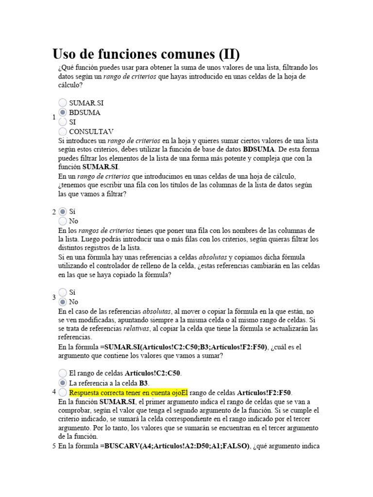 Cuestionario Funciones Comunes | PDF | Hoja de cálculo | Matemáticas ...