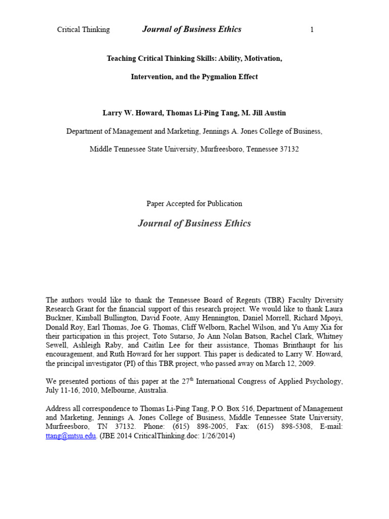 JBE2014 Critical Thinking | PDF | Learning Styles | Critical Thinking