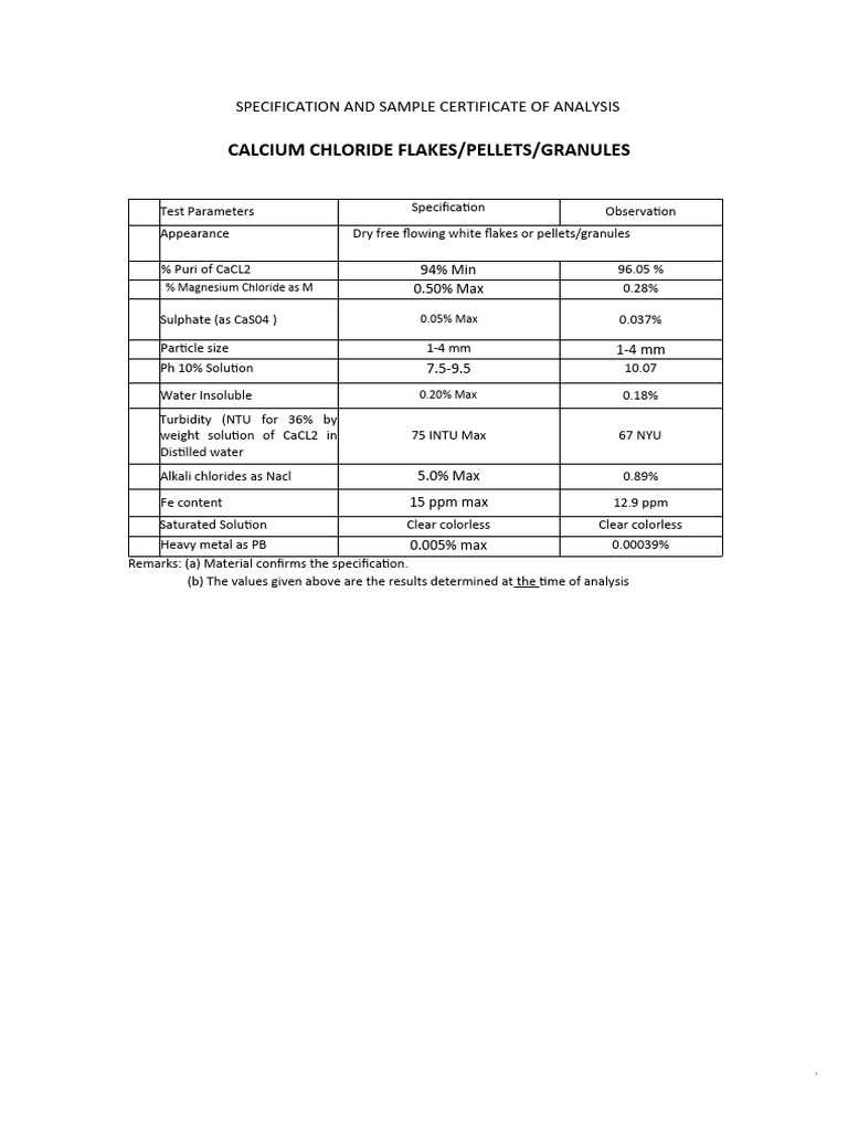 Calcium Chloride Specs & CoA | PDF | Science & Mathematics