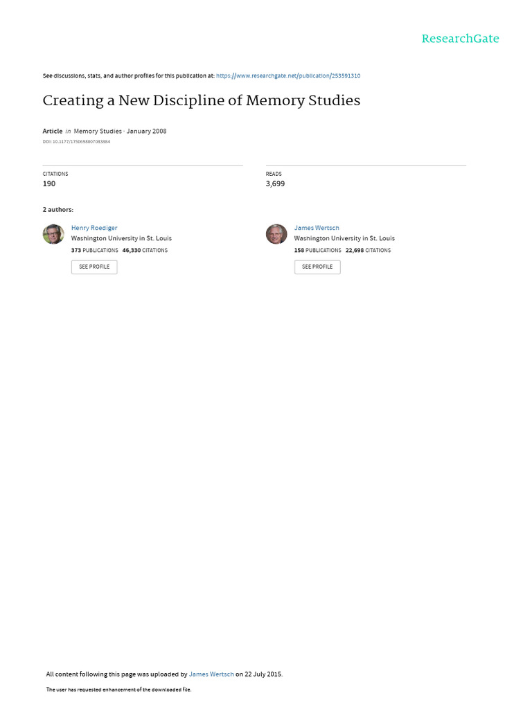 Roediger y Wertsch - 2008 - Creating A New Discipline of Memory Studies | PDF | Memory | Cognition