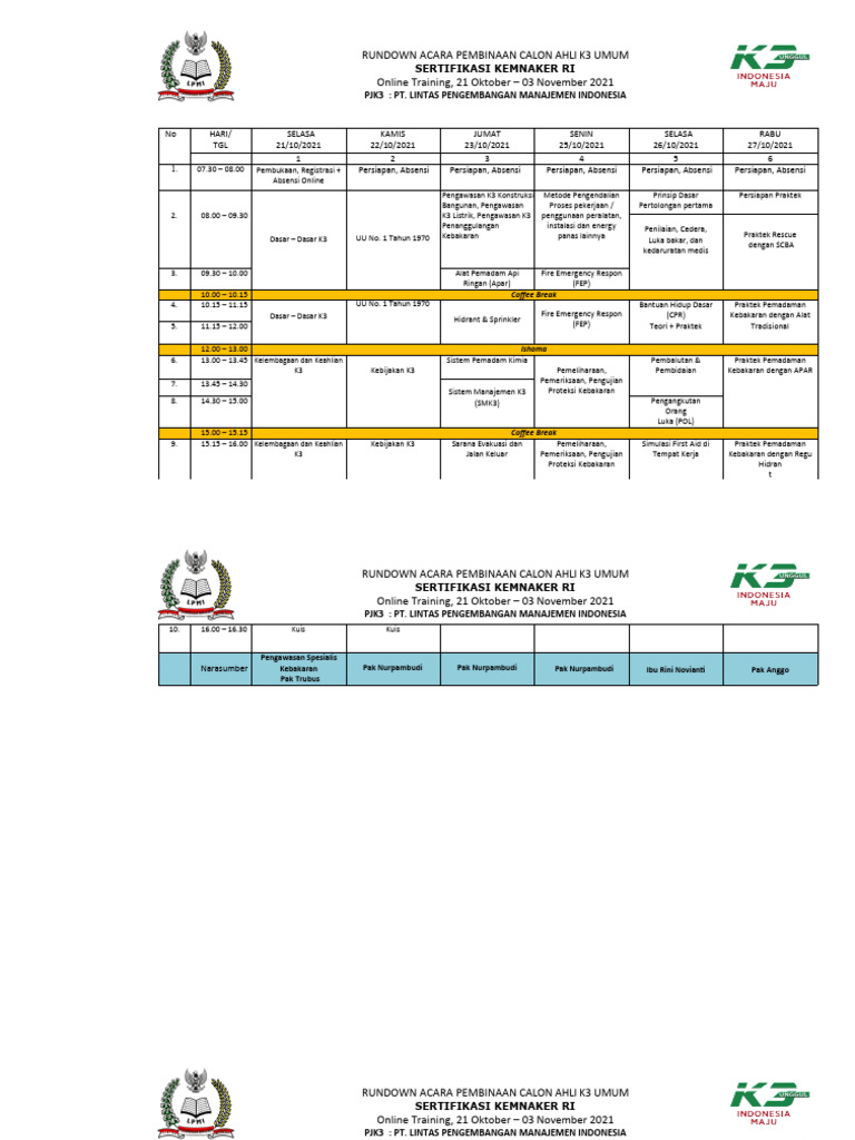 Jadwal Ahli k3 Umum Kemnaker Ri | PDF
