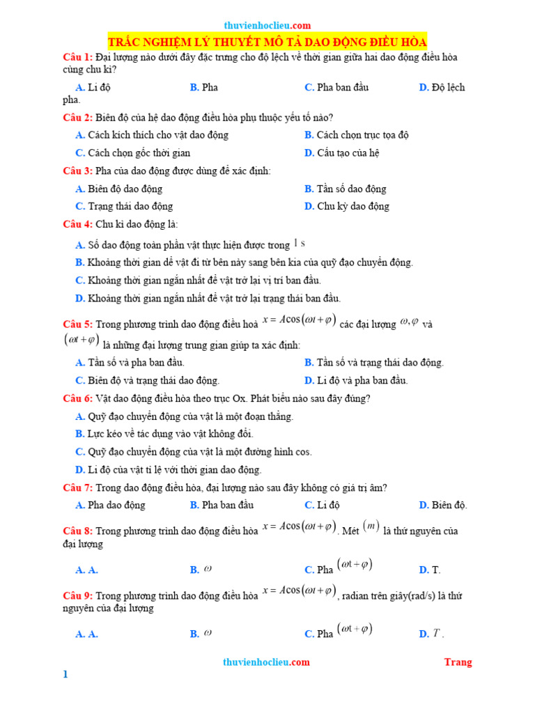 Trac Nghiem Ly Thuyet Mon Ta Dao Dong Dieu Hoa Vat Li 11 | PDF