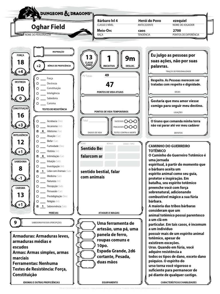 Dd-5e-Ficha - Oghar Field LVL 4 | PDF