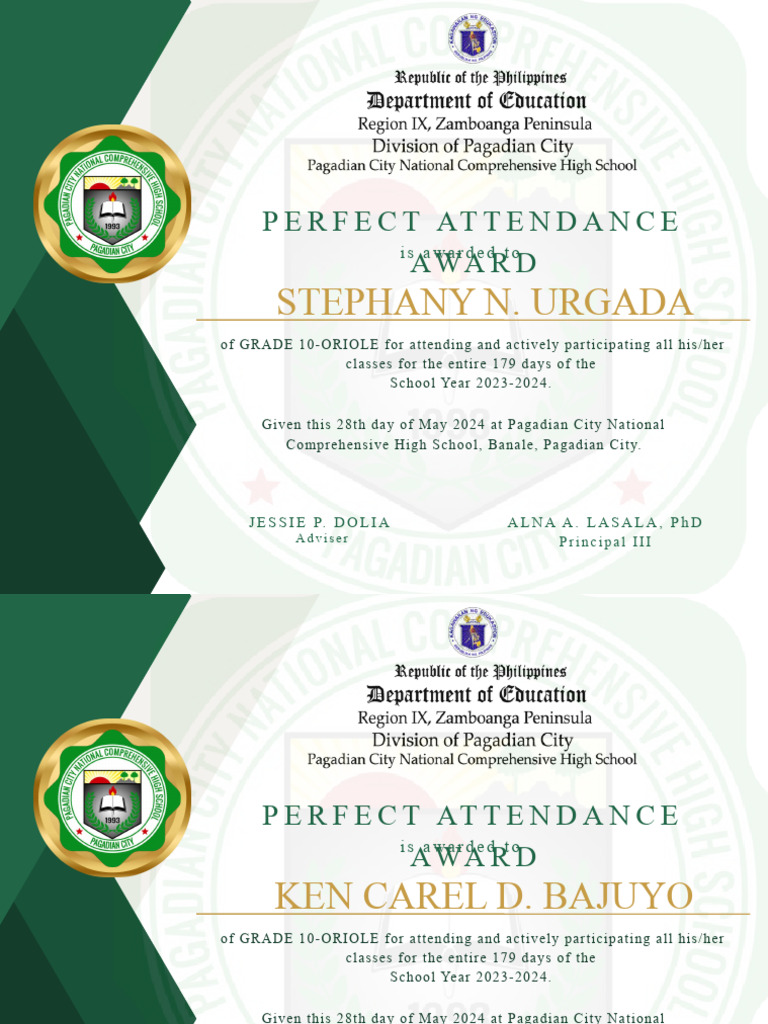 Perfect Attendance Award 2023-2024 | PDF | Foreign Language Studies
