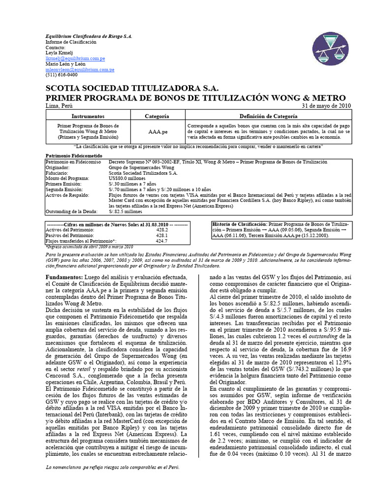 Clasificación AAA.pe Bonos Wong & Metro | PDF | Puesta en seguridad ...