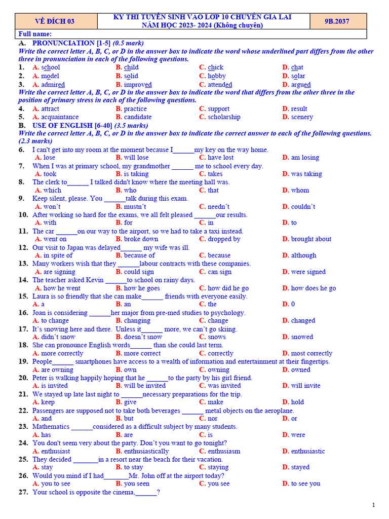 9B.2037 CHV 2023 2024 Khong Chuyen (With Key) | PDF | Desert | Water