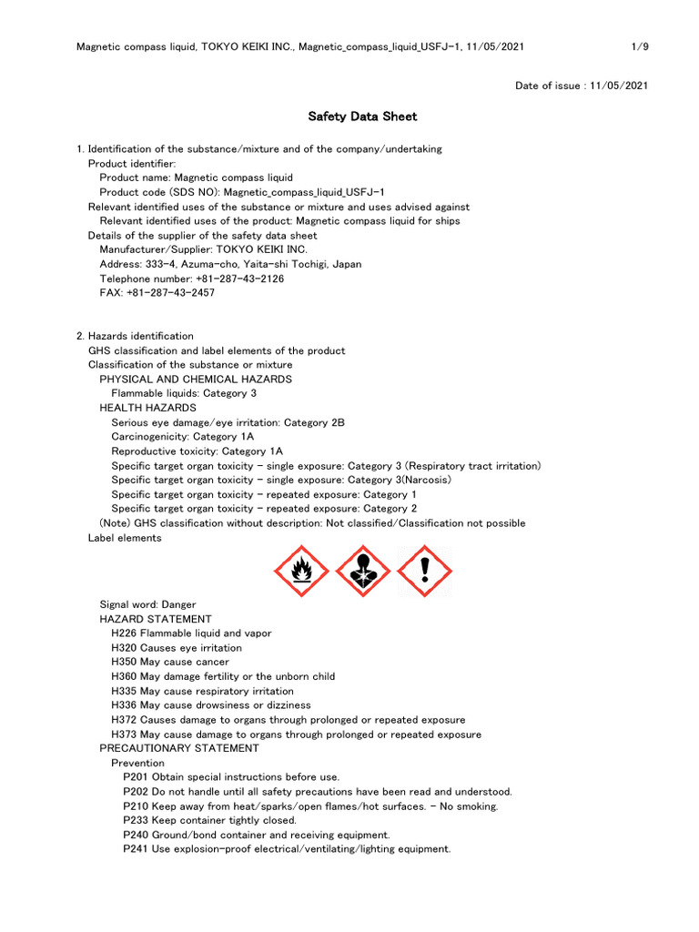 MSDS for Magnetic_compass_liquid_USFJ-1 | Download Free PDF | Dangerous ...