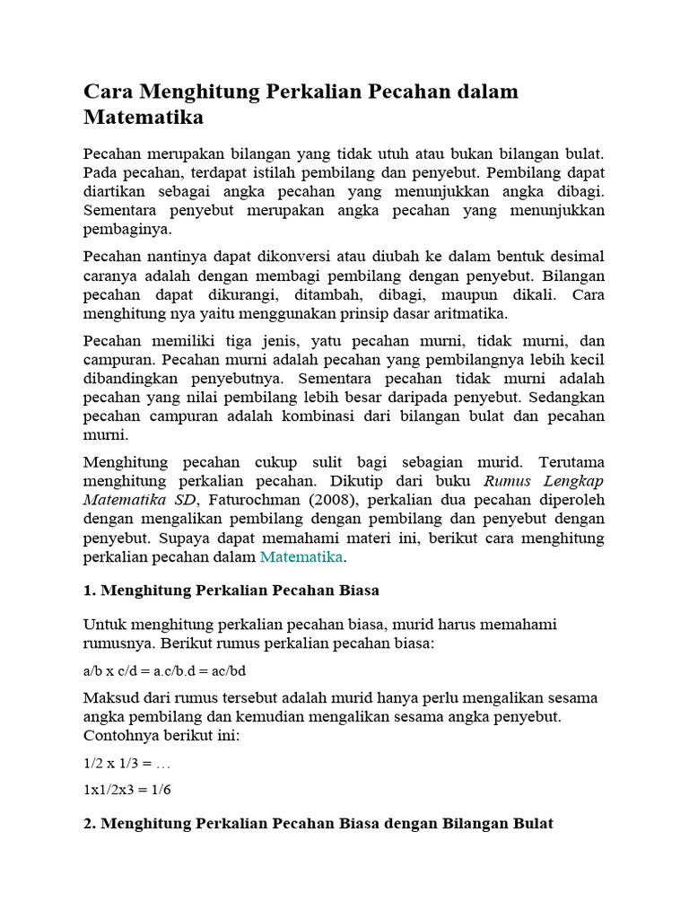 Cara Menghitung Perkalian Pecahan Dalam Matematika | PDF