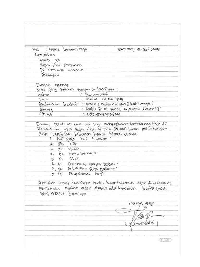 SURAT LAMARAN KERJA PURNOMO SIDI | PDF