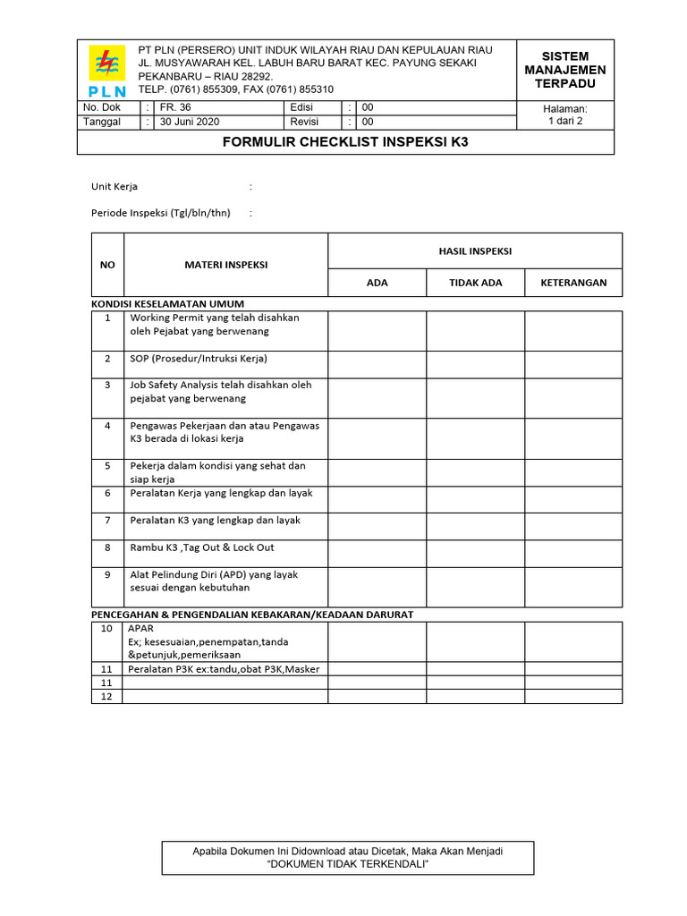Fr. 36 Checklist Inspeksi K3 Edit | PDF