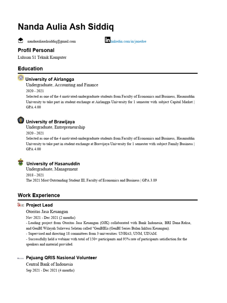 Contoh CV Manajemen - Bank Indonesia (KMBI) | PDF | Human Resource ...