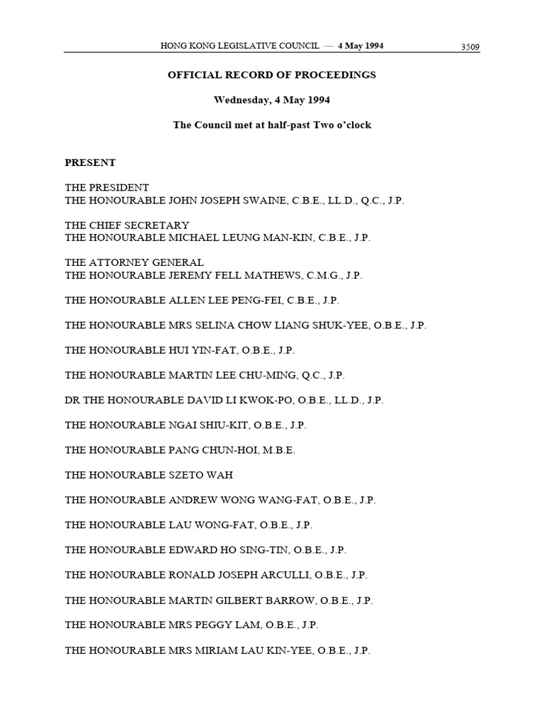 Official Record of Proceedings Wednesday, 4 May 1994 The Council Met at ...