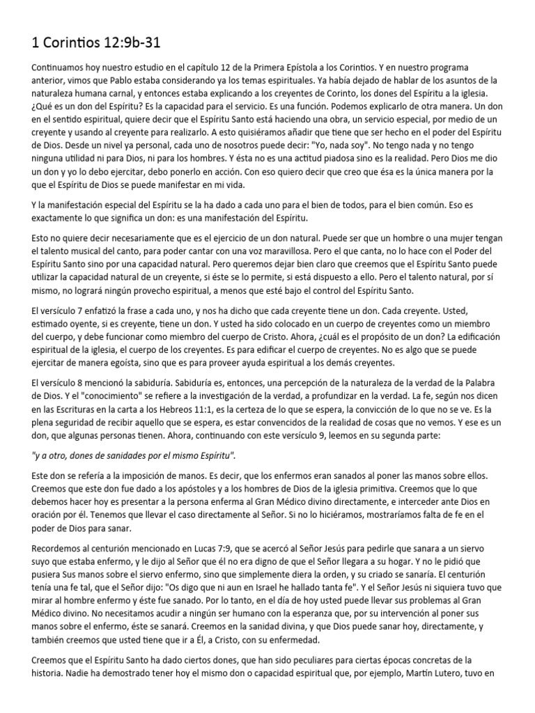 1 Corintios 12 | PDF | Primera epístola a los corintios | espíritu Santo