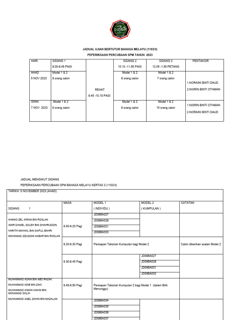 JADUAL UJIAN LISAN BM PCB SPM 2023 | PDF
