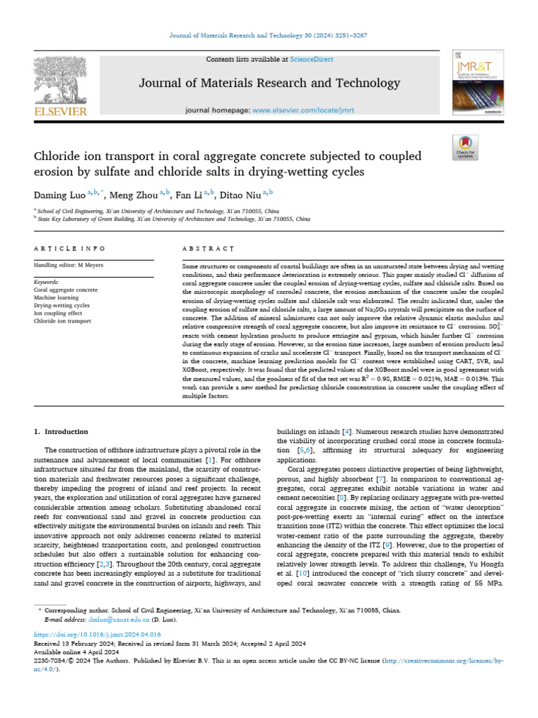 Chloride Ion Transport in Coral Aggregate Concrete Su - 2024 - Journal ...