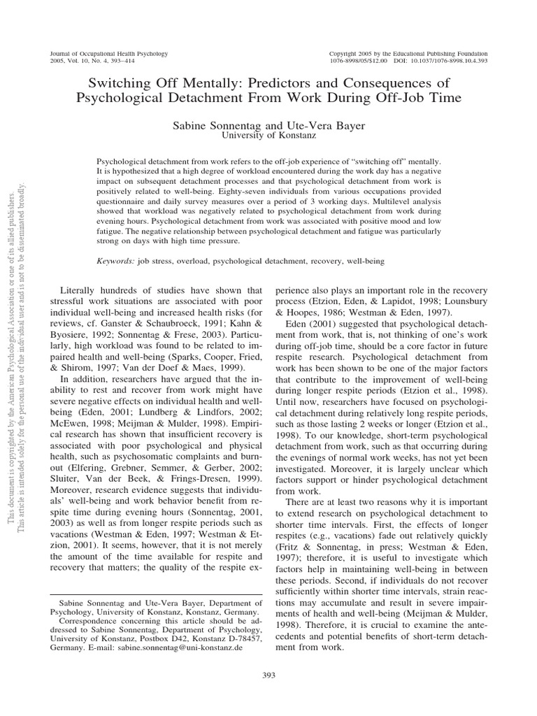 Switching Off Mentally. Predictors and Consequences of Psichological Detachment From Work During ...
