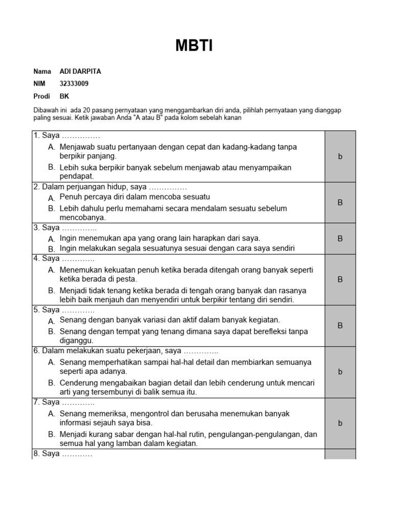 Skoring dan Rumus MBTI untuk INTJ | PDF | Karier & Perkembangan