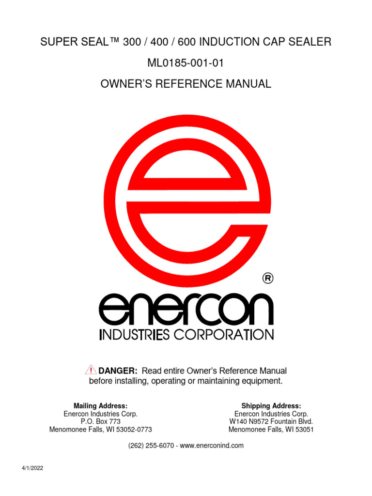 ML0185 001 01 Super Seal 300 400 600 Induction Cap Sealer Operations Manual Rev G | PDF | High ...