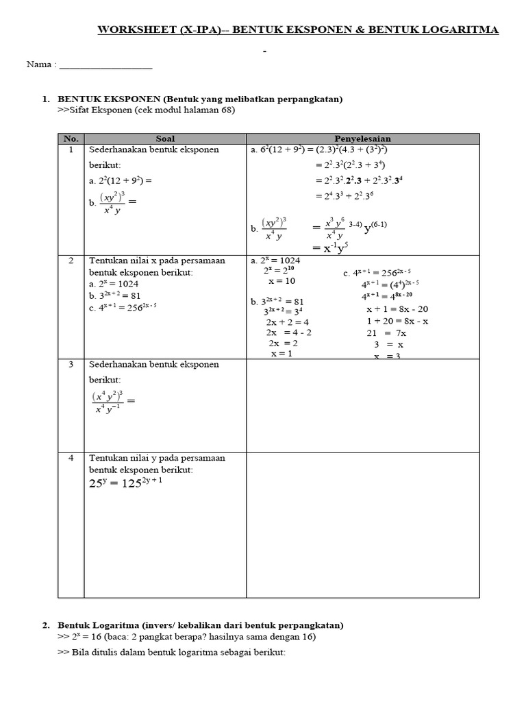 Worksheet Fungsi Eksponen & Logaritma | PDF