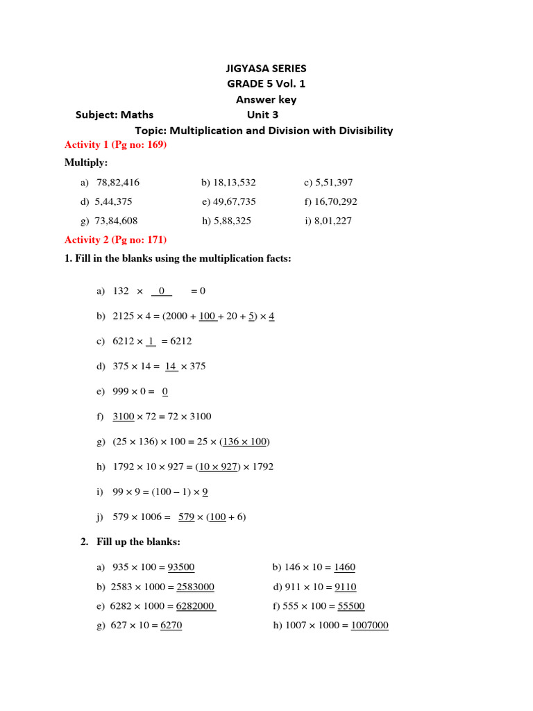Jigyasa Series GRADE 5 Vol. 1 Answer Key Subject: Maths Unit 3 Topic: Multiplication and ...