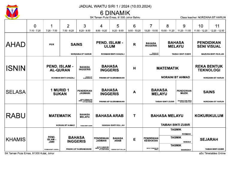 6 Dinamik - Jadual Waktu Sesi Pagi Bil-1 2024 - 13 | PDF