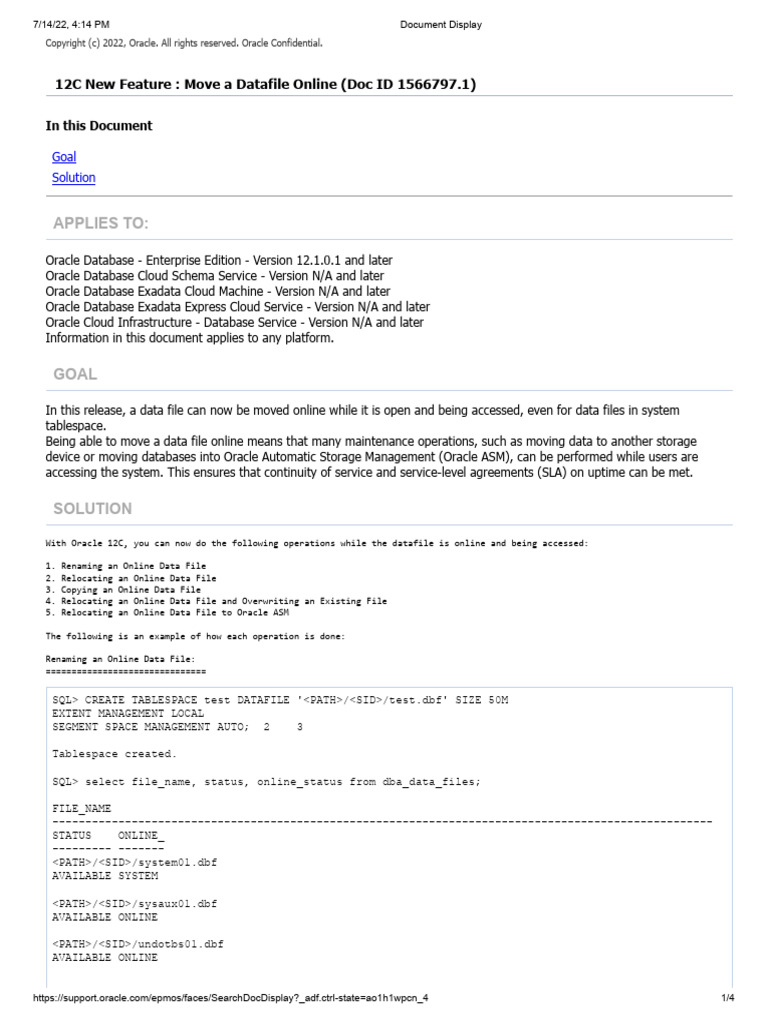 12C New Feature Move A Datafile Online - Doc ID 1566797.1 | PDF | Cloud Computing | Oracle ...