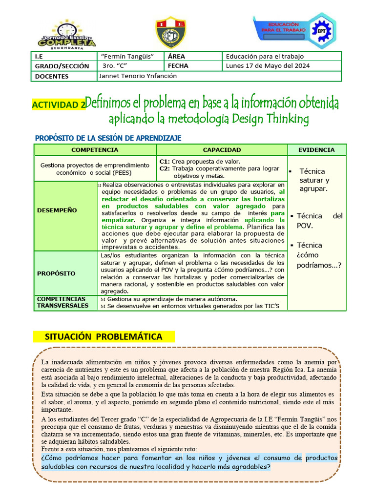 FICHA DE ACTIVIDAD DT-2 3ro. C EPT-2024 17-05-24 FASE DEFINIR | Descargar gratis PDF | Vegetales ...