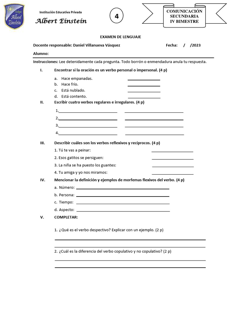 Examen de Lenguaje 4° Final | PDF