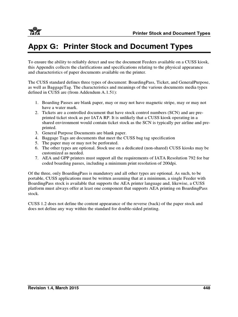 IATA CUSS 1.4 Tech Spec - Appendix G (Printer Stock and Document Types) | PDF | Printer ...