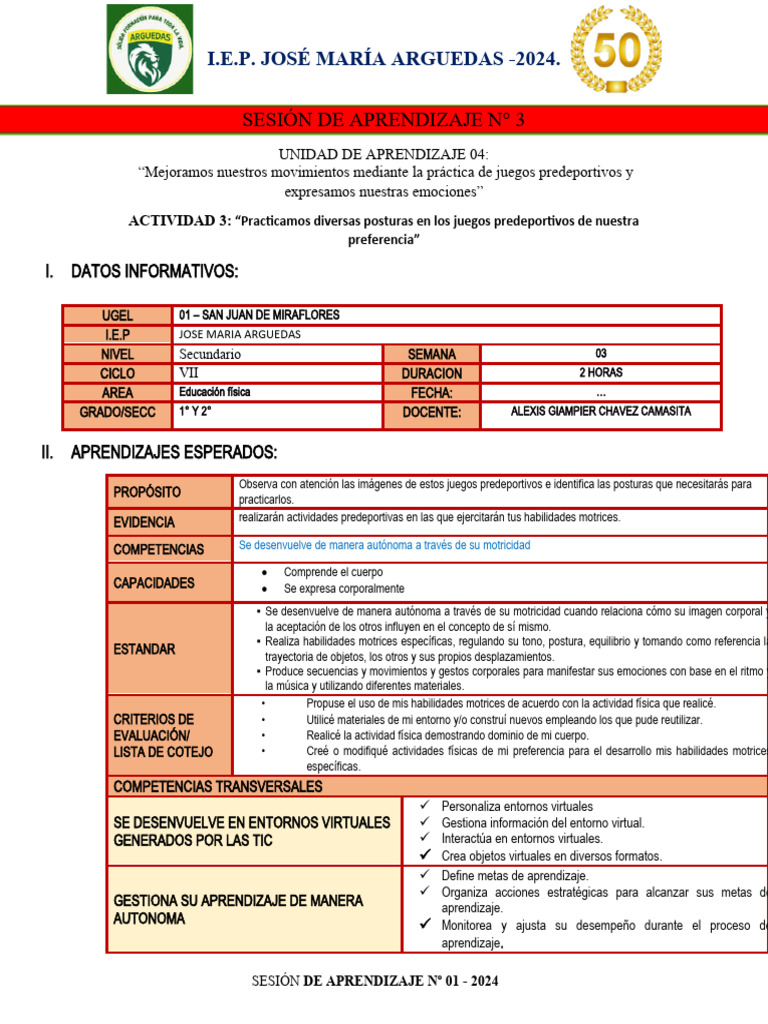 1º y 2° Ee - Ff. Ses 3 Uni 4 Sem 03 - 2024 | PDF | Aprendizaje | Las emociones