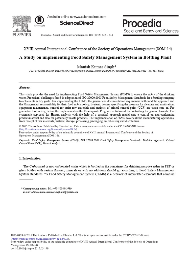 Sciencedirect: A Study On Implementing Food Safety Management System in Bottling Plant | PDF ...