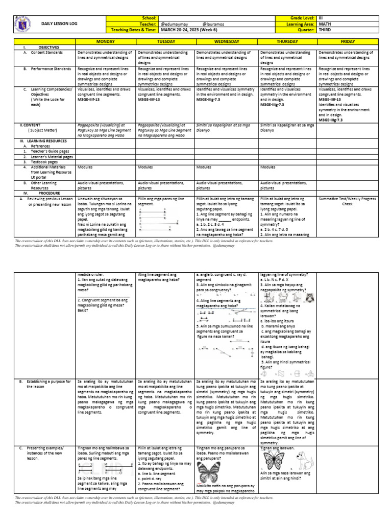 DLL - MATH 3 - Q3 - WEEK 6 Visualizes Identifies and Draws Congruent Line Segments@edumaymay | PDF