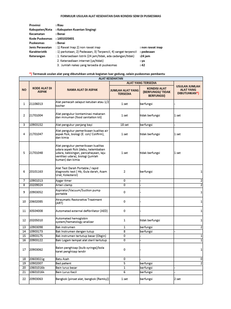 V3 Form Alat Puskesmas PKM BENAI | PDF